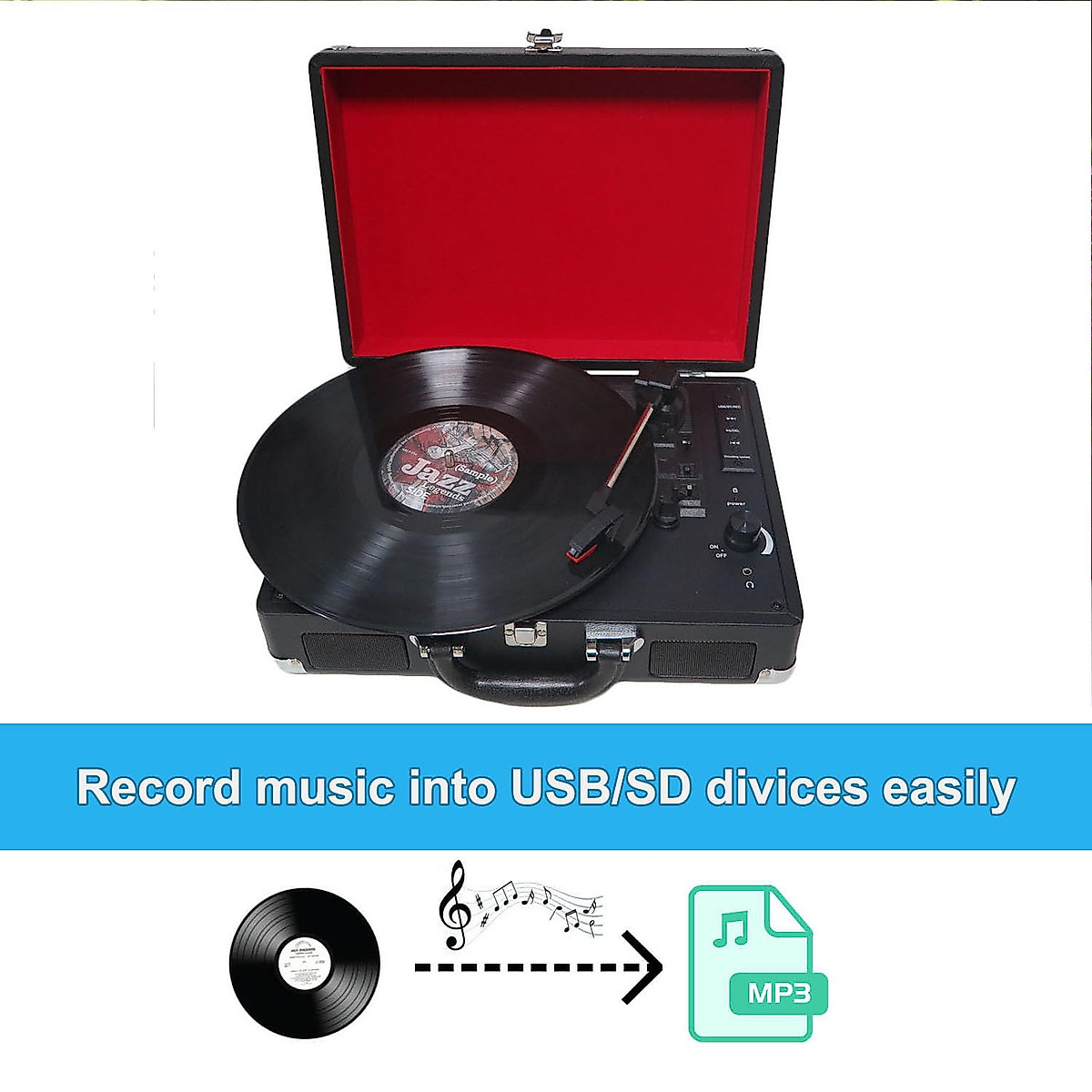 Vinyl Record Player 3 Speed Turntable with Bluetooth, USB/SD Play&Recording, Built in Battery, Line Out, AUX in, Earphone Jack, Replacement Needle
