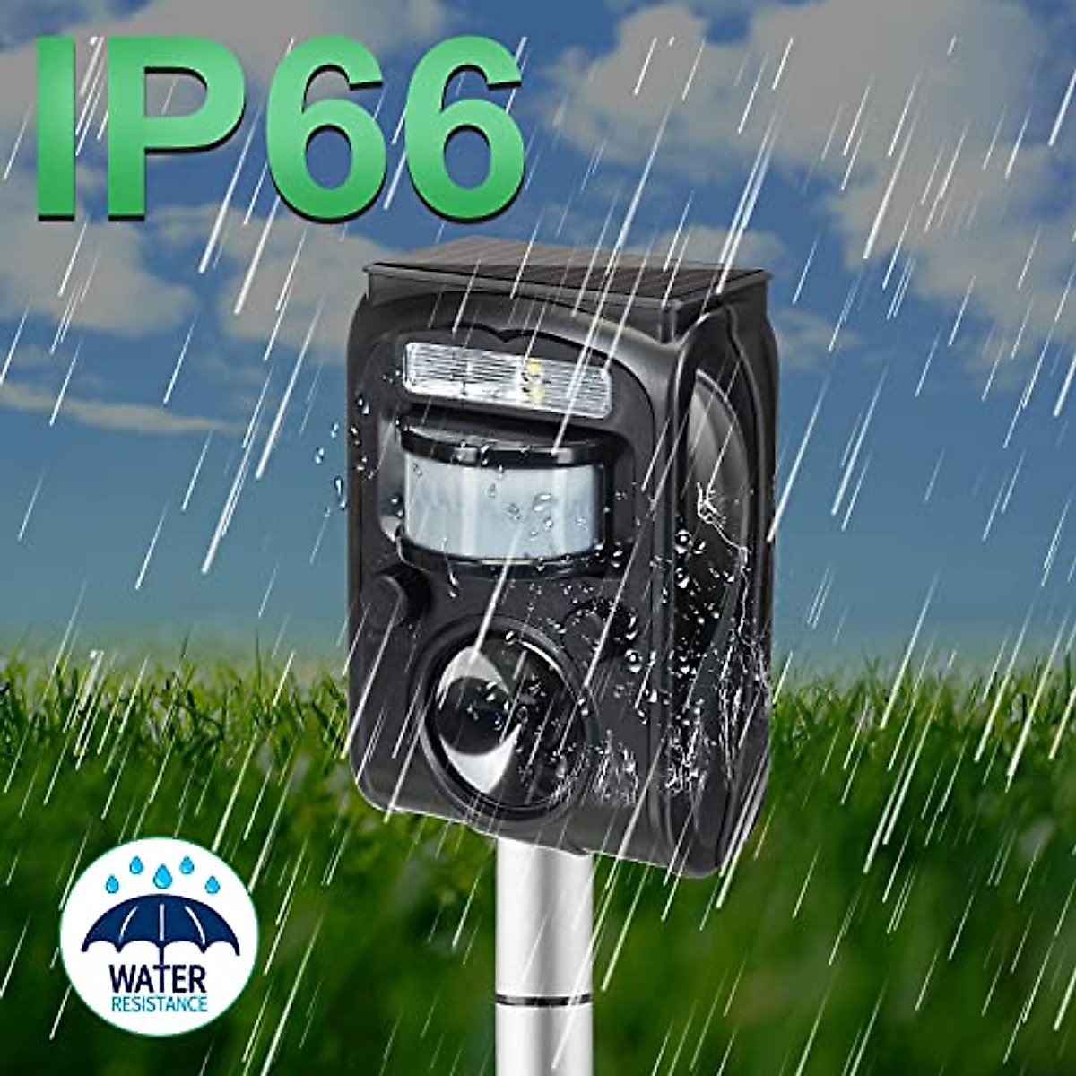 2 Pcs Ultrasonic Animal Repellers Black Solar Deterrent Devices Waterproof Ultrasonic Deer Repellents with Motion Sensor Flashing Light for Garden Farm House Drive Cat Dog Bird Coyote Skunk