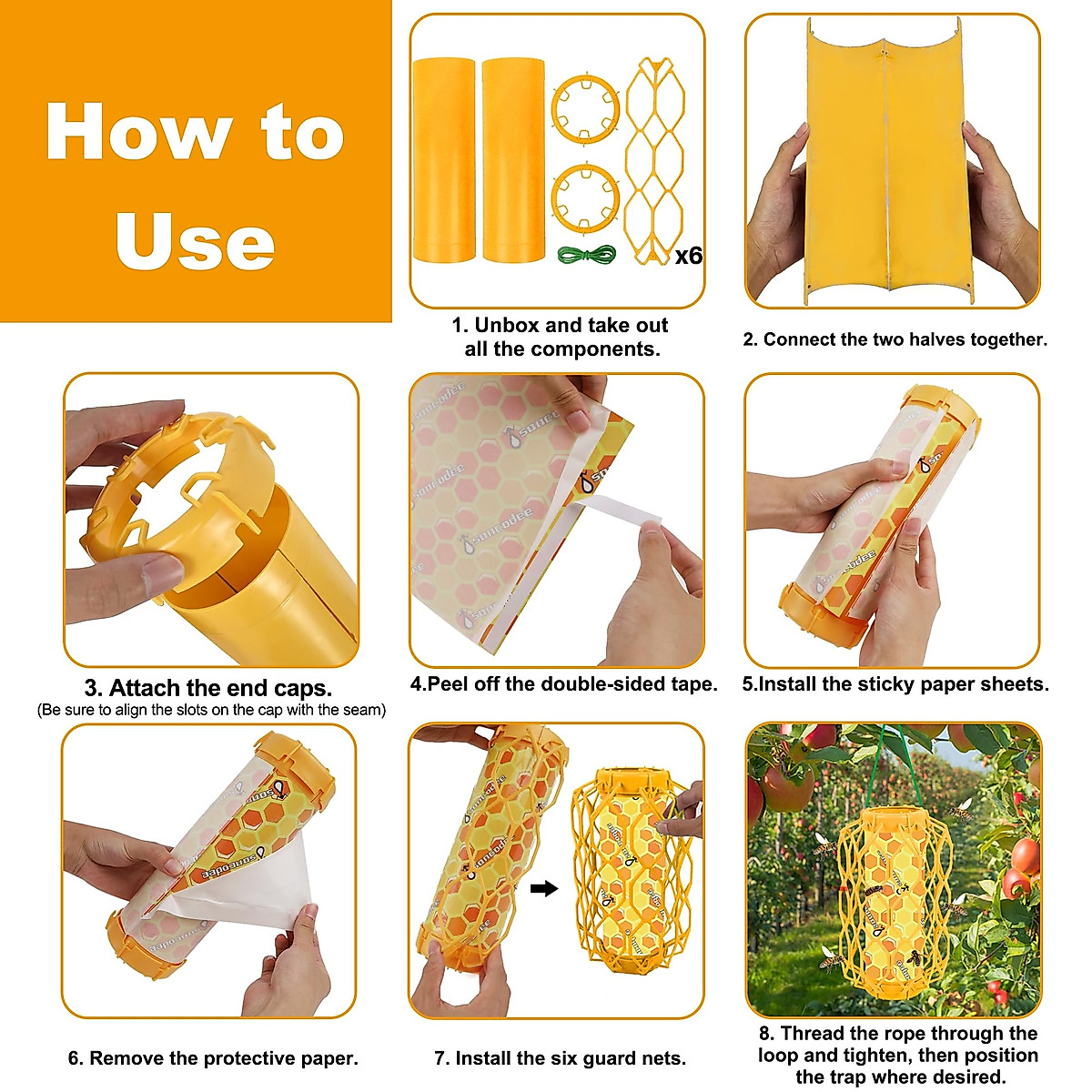 Sancodee 4 Pcs Wasp Trap Outdoor Hanging, Insect Catcher for Wasps and Carpenter Bees, Bee Killer Sticky Bug Boards Yellow Jacket Trap with Bait Reservoir, Non-Toxic Reusable Wasp Hornet Trap (Orange)