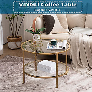 VINGLI 25.6" Round Gold Coffee Tables for Living Room, 2-Tier Glass Top Coffee Table with Storage Clear Coffee, Simple & Modern Center Table for Small Space