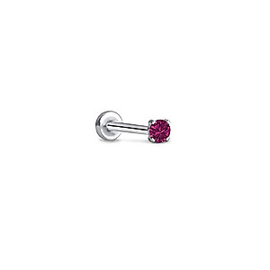 316 Stainless Steel Threadless Push Pin Nose Ring Labret Monroe Stud 1.5mm Prong Hot Pink CZ 18G