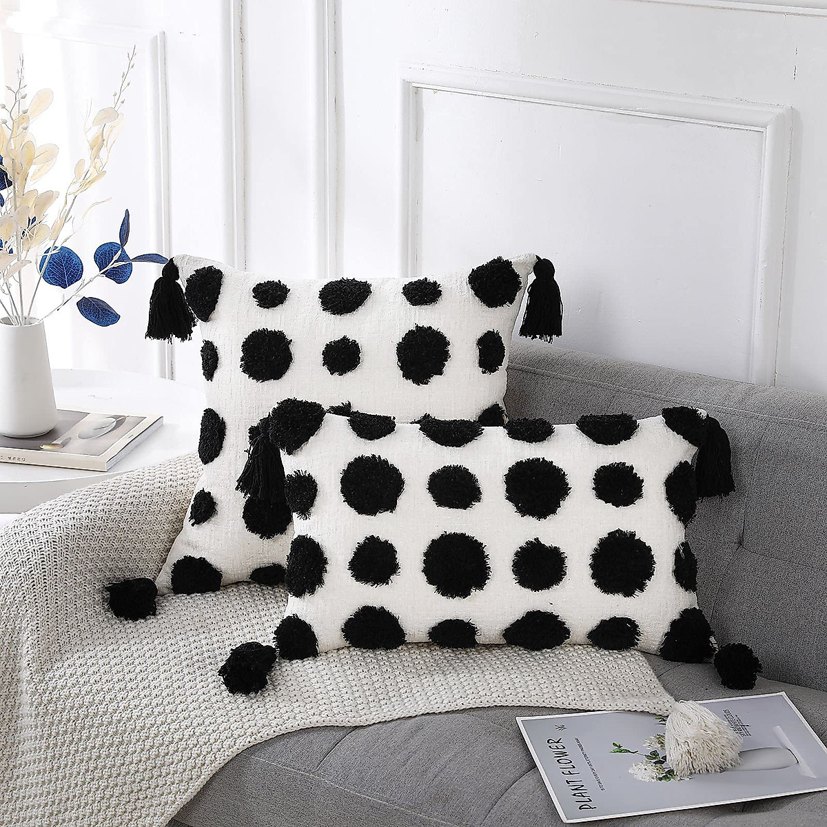 PANOD Super Soft Farmhouse Decorative Plush Throw Pillow Covers 12 x 20 Black,Solid Pom pom Tufted with Tassels Modern Accent Boho Lumbar Cushion Cover Pillow Case for Couch Sofa