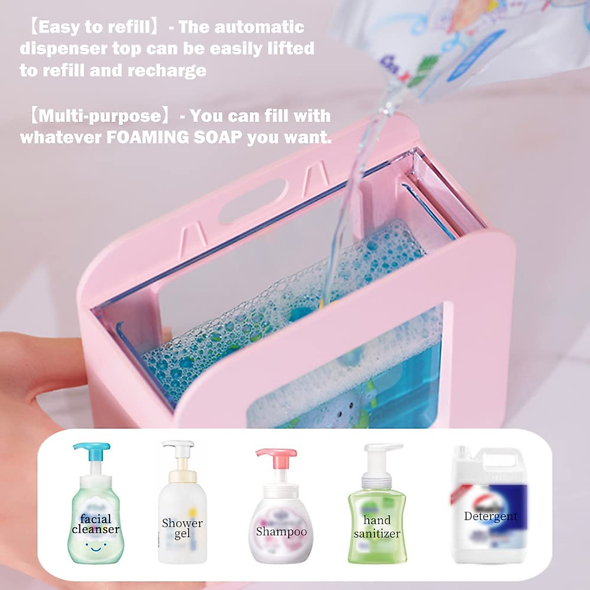 AMYESE Cute Automatic Soap Dispenser - Kids Touchless Pink Hand Soap Dispenser,Wall Mount Waterproof USB Rechargeable, 13.5oz/ 400ml for Bathroom Countertop, Kitchen, Office, Hotel, Preschool Children