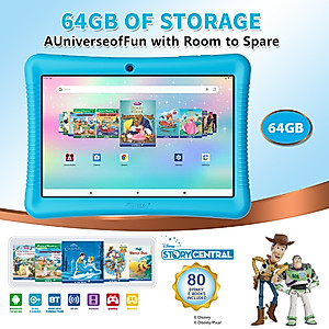 Kids Tablet, Contixo K102 10 Inch Kids Learning Tablet Bundle with $300 Disney E-Books, Kids Wireless Headphone and 10-inch Tablet Bag, with Kickstand and Stylus, Blue-Set