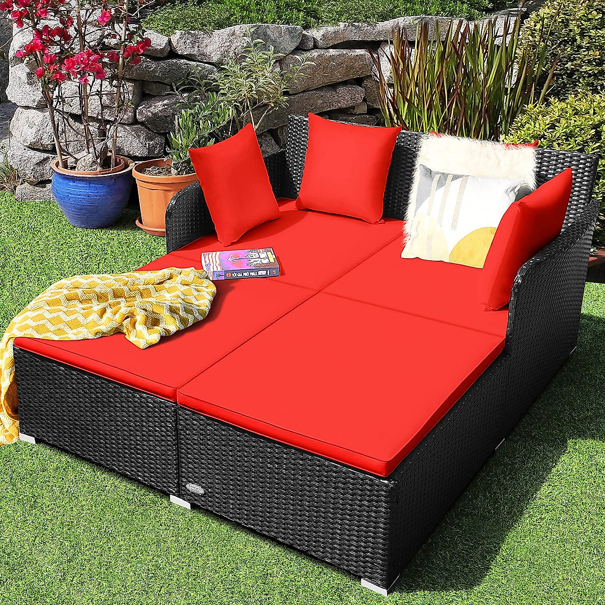 Salches, Outdoor Rattan Daybed, Patio Loveseat Sofa Set w/Comfortable Cushions, Extra Pillows & Metal Foot, Sunbed Wicker Furniture for Yard/Poolside/Living Room/Garden/Porch, Red