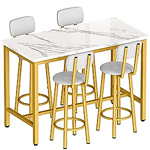 Lamerge Dining Table Set for 4 Bar Table and Chairs Set Faux Marble Counter Height Dining Table Set with 4 PU Upholstered Stools Kitchen Pub Table for Kitchen, Restaurant, Space Saving, Gold and White