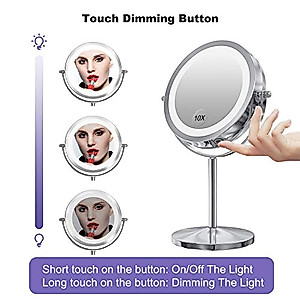 Gospire LED Makeup Mirror 1x/10x Magnifying with Touch Screen Adjustable LED Light, 7" Lighted Vanity Swivel Mirror Double Sided Cosmetic Mirror (Silver-Dimmable Switch)