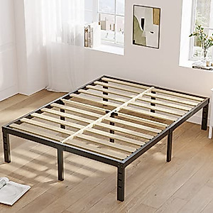 ZIYOO Queen Size Bed Frame, 3" Extra Wide Wood Slats with Better Support for Mattress,14 Inch High, No Box Spring Needed, Noise Free, Easy Assembly