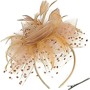 fghuim Women's Organza Church Kentucky Derby British Bridal Tea Party Wedding Hat Feather Hair Clip Gold Fascinators Hat (Gold)