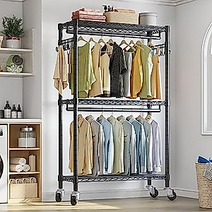 VIPEK V12 Medium Heavy Duty Rolling Garment Rack 3 Tiers Adjustable Clothes Rack with Double Rods & Hooks, Freestanding Wardrobe Closet Storage Rack Metal Clothing Rack for Hanging Clothes, Black