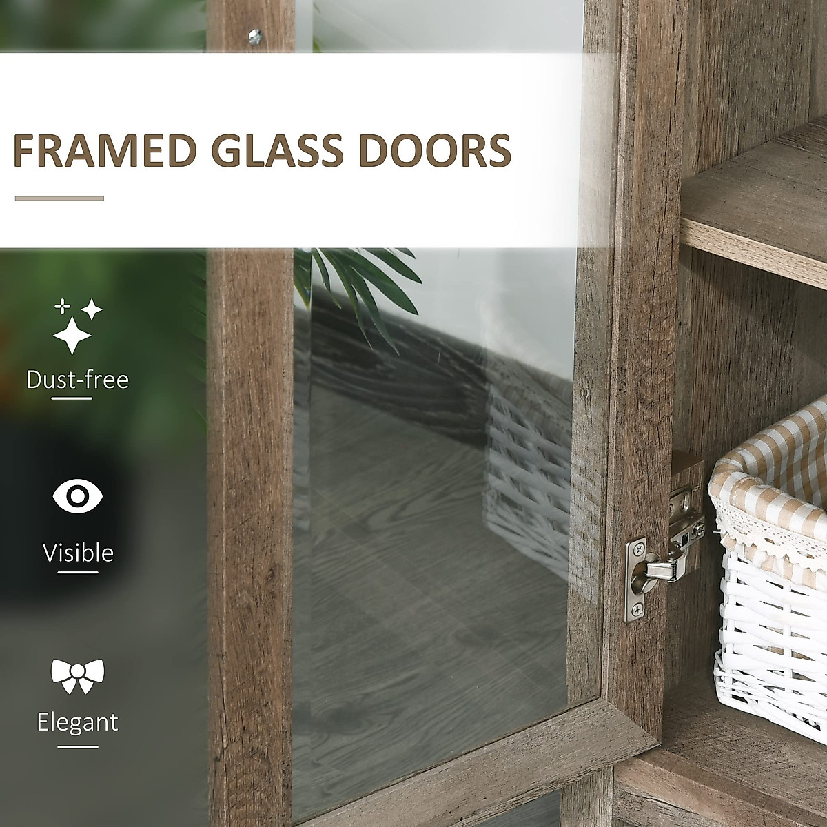 HOMCOM 71" Bookcase Storage Hutch Cabinet with Adjustable Shelves and Glass Doors for Home Office, Kitchen, Living Room, Natural Wood