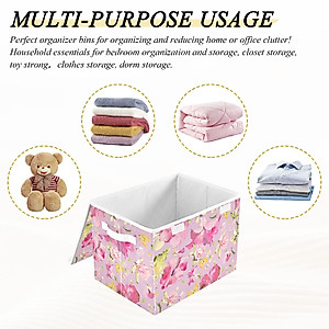 GUIJI Petunias Pink Fabric Storage Bins with Lids and Handle，Foldable Storage Bins with Lids，Closet Organizers for Clothes Storage，Room Organization, Office Storage, Chest Organizer