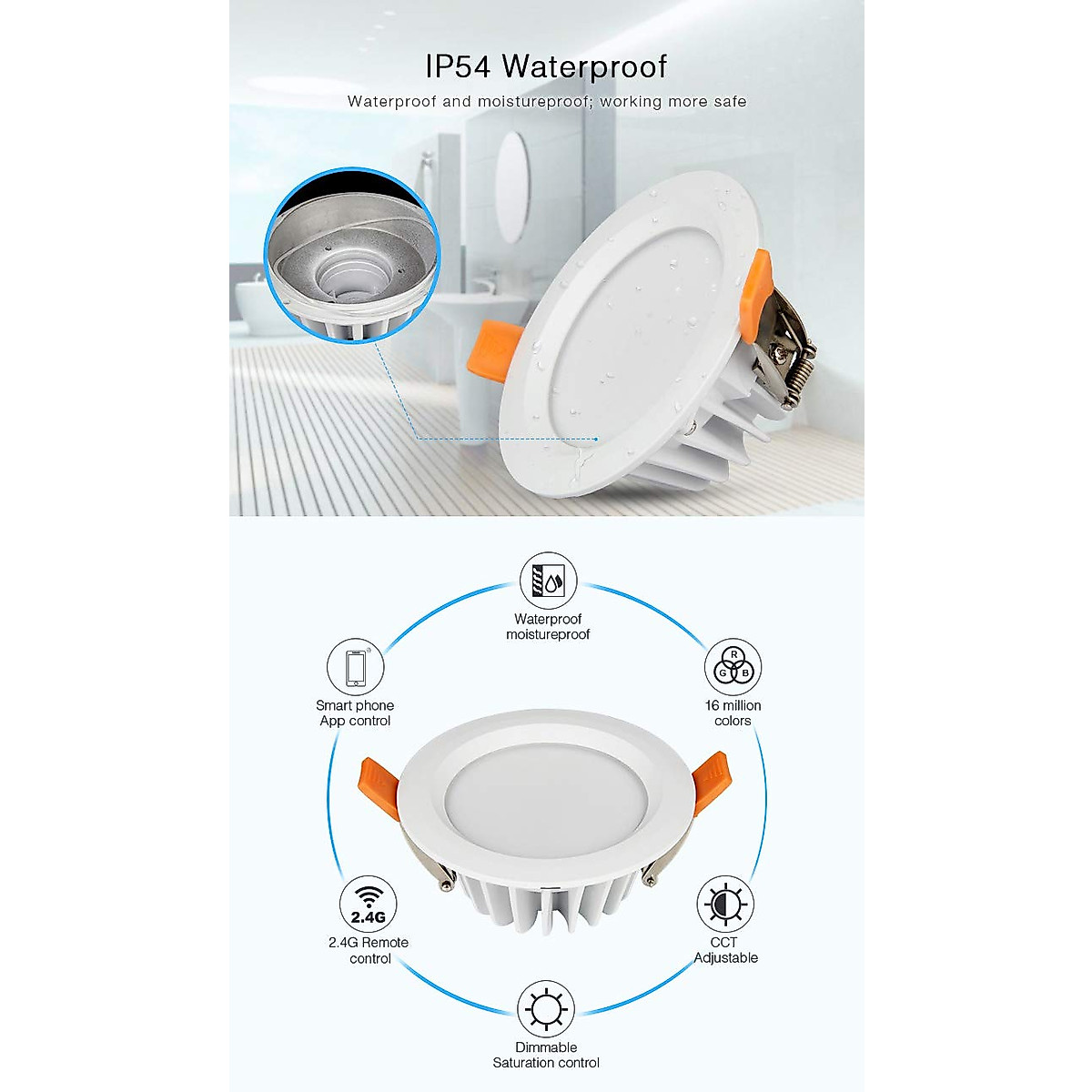 LGIDTECH FUT063 RGB CCT 6W LED Recessed Ceiling Downlight 4 Inch AC100-240V IP54 Must Work with Milight RGB+CCT Remote,B4 Panel Or Smartphone APP Control Via Gateway(Sold Separately)