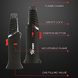 Power Camp Butane Blow Torch – Small Kitchen Food Torch – Safety Switch, Rotating Head, Ergonomic Design, Great for Camping – Culinary Crème Brûlée Torch 2,370°F, 2 Cans Included – by Jo Chef