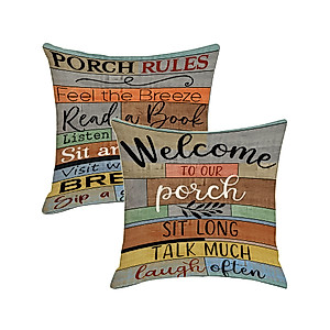 Jartinle Decorative Outdoor Pillow Covers Porch Rules Sign Farmhouse Throw Pillow Covers, Square Linen Patio Cushion Cases for Couch Bench Seat Chair Car 18x18 Inch