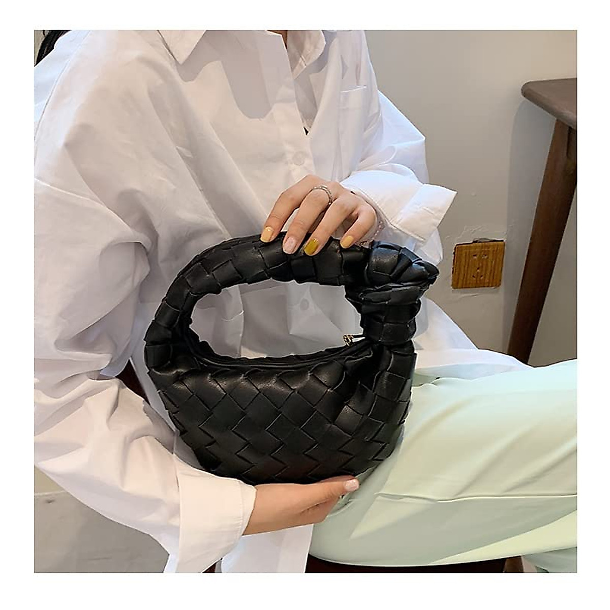 Women Handbag Leather Shoulder Bag Retro Woven Handmade Hobo Clutch Bag Fashion Mini Retro Hobo Tote Handbag Clutch Purse (Black)