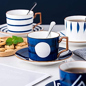 Jusalpha Japanese style hand printed- 7oz Fine China Tea Cup/Coffee Cup With Spoon and Tray/Saucer Set, Tableware, Serve of 4, TCS25