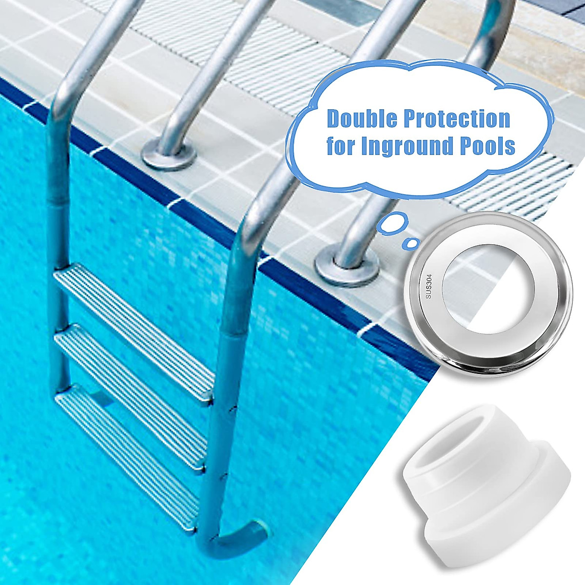 4 Pool Ladder Bumpers for Inground Pool & 4 Stainless Steel Pool Ladder Escutcheon Plates, Rubber Pool Ladder Inside Plug Bumper Caps & Pool Ladder Rings Fits 1.90” Pool Ladder Tubing (B)