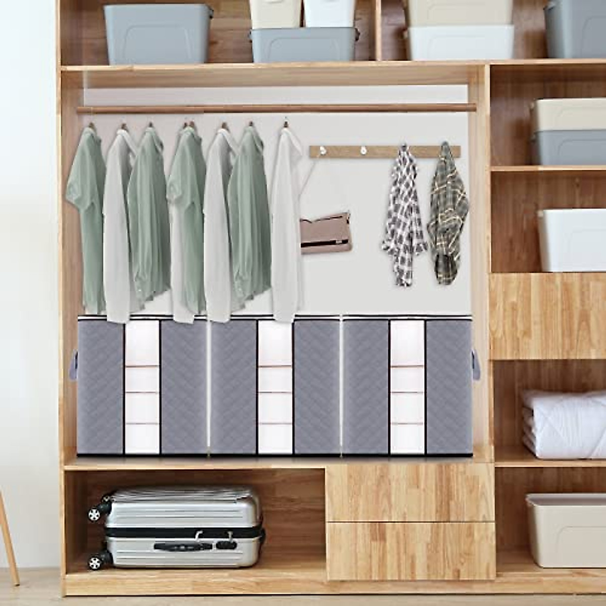 VIEWSHINE 6-Pack Large Capacity Clothes Storage Bags, Foldable Closet Organizer Storage Container with Clear Window, Sturdy Zipper and Reinforced Handle, Thick Fabric Storage Bags for Clothes, Comforters, Blankets, Quilts, Bedding and Toys, 90L, Grey