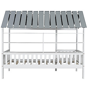 Harper & Bright Designs House Bed Twin Size with Fence Guardrails, Montessori Bed Frame with Storage Shelves, Wood Playhouse Beds for Kids Girls Boys, White