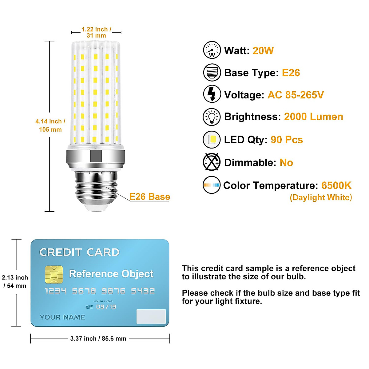 E26 Bulb,20 watt led Light Bulb,Daylight led Light Bulbs 6500K,150 Watt Equivalent Incandescent Light Bulbs,2000lm E26/E27 Bulb,Non-dimmable Ceiling Fan Light Bulbs for Home Garage Warehouse,4 Pack