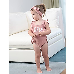 Shalofer Baby Girls One Year Old Outfits First Birthday Romper Cute Backless Ruffles Jumpsuit with Headband (Pink,12-18 Months)
