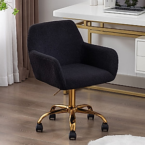 KCC Faux Fur Office Desk Chair, Comfy Swivel Armchair with Wheels, Upholstered Fuzzy Vanity Chair, Adjustable Seat Height, Black