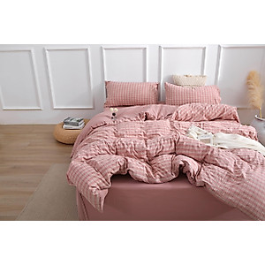 Generic All Season Washed Cotton Plaid & Gingham Duvet Cover Set - Soft, Durable Bedding in with Pillow Cases - Trendy, Versatile Bedroom Decor (Pink, Full/Queen)
