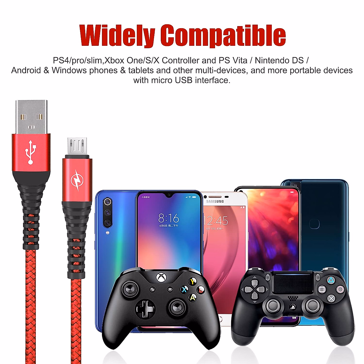 XUANMEIKE Charger Cable for Xbox One Controller, 2 Pack 10FT Super Long Nylon Charging Cable, Compatible with Xbox One S/X, PS4 Slim/Pro Controller, Android Phone (Black & Red)