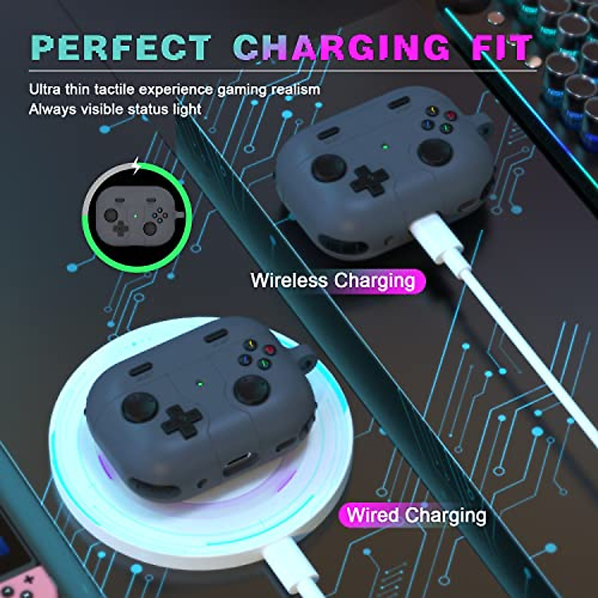RFUNGUANGO AirPods Pro 2nd /1st Generation Case Cover with Keychain,Game Player Design for Kid Men and Women, Soft Silicone Case for AirPods Pro Gen 2/1(2022/2019) Charging Case-Grey
