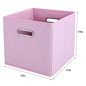 ANMINY 3PCS Storage Cubes Set Romantic Rose Print Large Storage Bins Boxes Baskets Non-Woven Fabric with Handles Desktop Closet Shelf Foldable Organizer Container for Home Office 11"x 11"x 11" - Pink