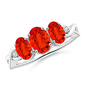 Angara Natural 0.98 Ct Fire Opal and 0.04 Ct Diamond Three Stone Ring for Women in 14K White Gold (Grade-AAAA | Size-7x5mm) | Birthday, Engagement, Anniversary Jewelry Gift For Women