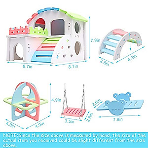 Syrian Hamster Toys Set, Improved Version 8.7 IN Large Hamster House, Wooden Gerbil Hideout, Small Animals Seesaw, Guinea Pig Sport Exercise Toys, Rainbow Bridge, Swing, Dwarf Hamster Cage Accessories