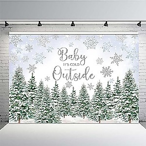 MEHOFOND 7x5ft Winter Baby Shower Backdrop Baby It's Cold Outside Snowflake Forest Pine Tree Green Photography Background Baby Shower for Boys Party Banner Decorations Photo Booth Props