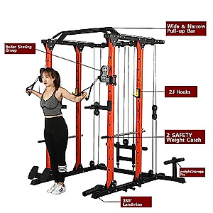 HAUSHECK Squat Rαck with Pull Up Bar, LAT Pulldown, Weight Cαge, Cable Crossover, J-Hooks, Dip Handles, 1400lbs Power Cage with Training Attachment, Multi-Functional Powēr Racks for Home Gym, Orange A