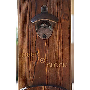 Thirsty Solutions - “Beer O’ Clock” Rustic Wall Mounted Bottle Opener and Catcher - Dark Stain Pine with Zinc Alloy Opener - Removable Wooden Bucket - Man (or Woman) Cave Ready