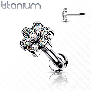Dynamique Implant Grade Titanium Threadless Push In Labret, Flat Back Studs With CZ Set Flower Top For Cartilage, Monroe And Nose (Sold Per Piece)