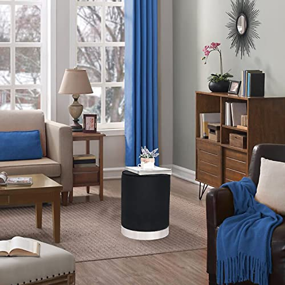 Adeco Round Upholstered Velvet Ottoman with Silver Metal Base, Makeup Vanity Chair Soft Compact Padded Foot Rest Stool for Living Room Bedroom, Black