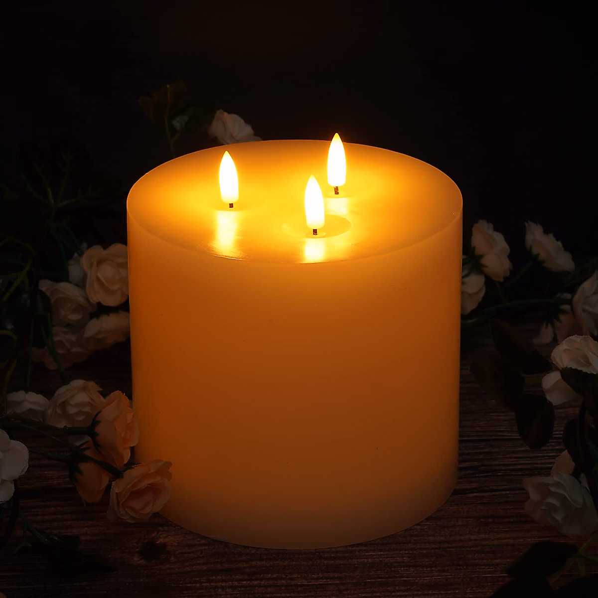 Amagic 6"x6" Extra Large Flameless Candles with 3 Wicks, Battery Operated Candles with Remote Control and Timers, 6 inch Diameter LED Pillar Candles, Real Wax, Ivory