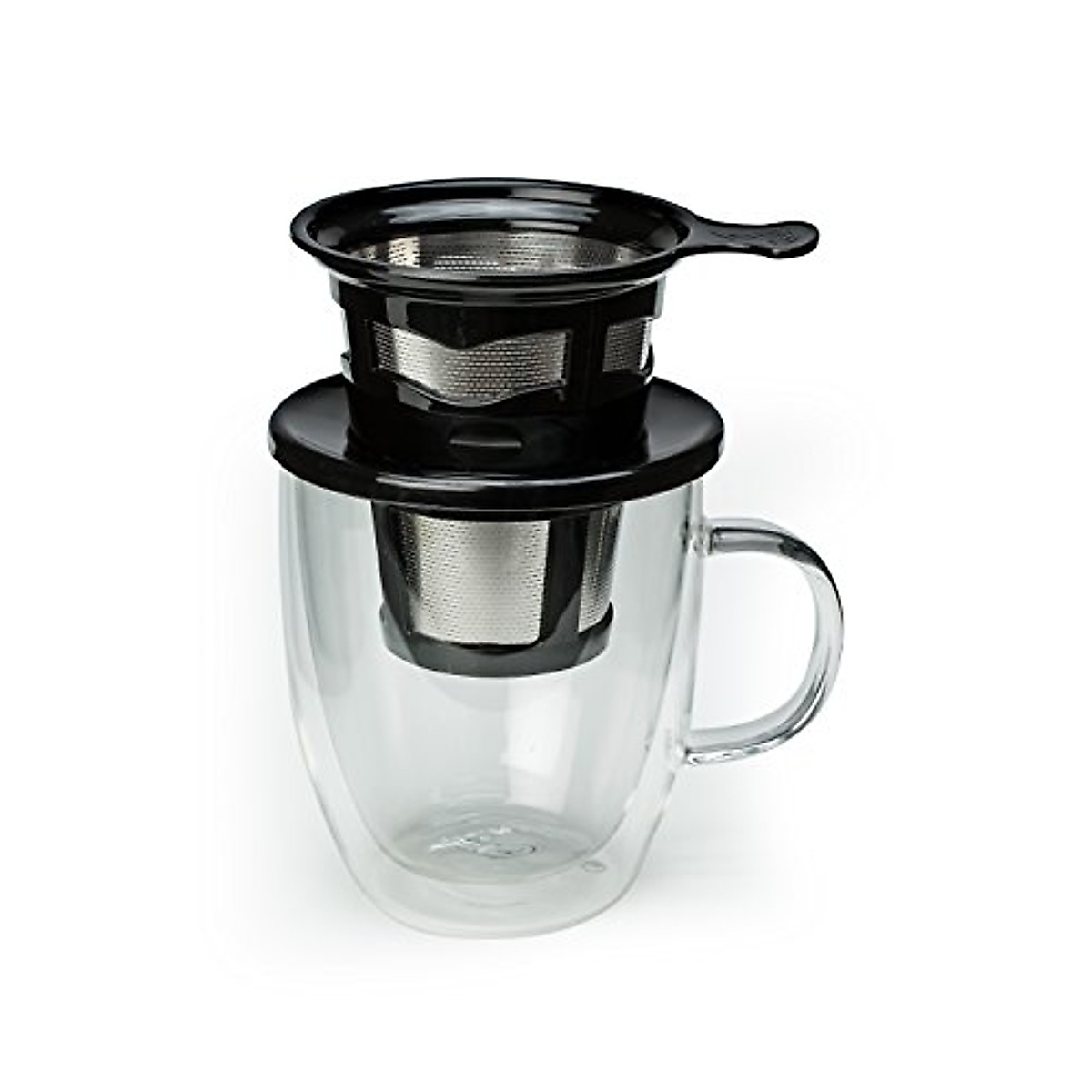 Java Concepts Pour Over Filter and 2 Double-Wall Glass, Black with 2 Mugs