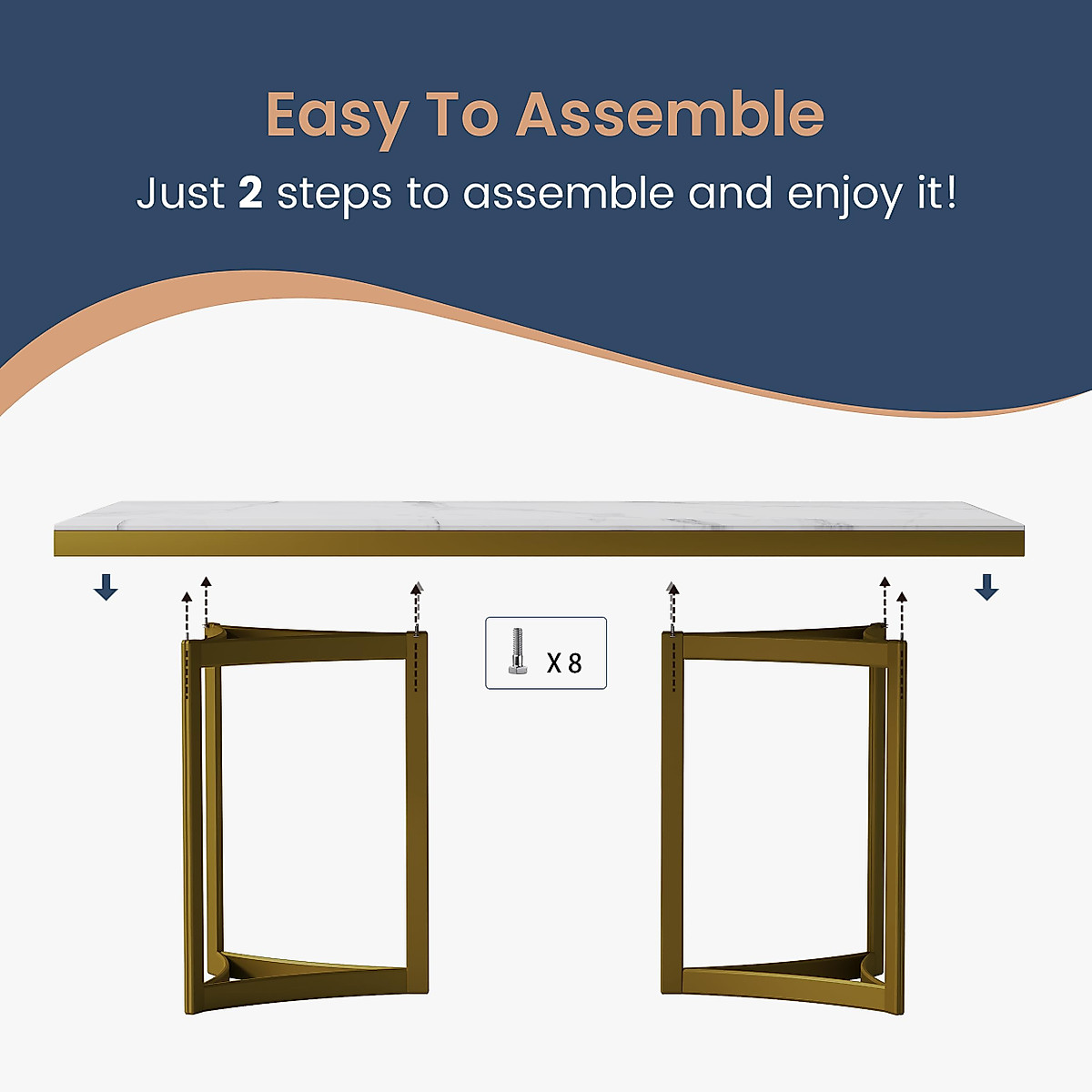 POVISON Marble Dining Table for 6, Modern Dining Room Table 63" for Kitchen & Dining Room, White Marble Table Top with Luxury Gold Trestle Pedestal(Dining Table Only)