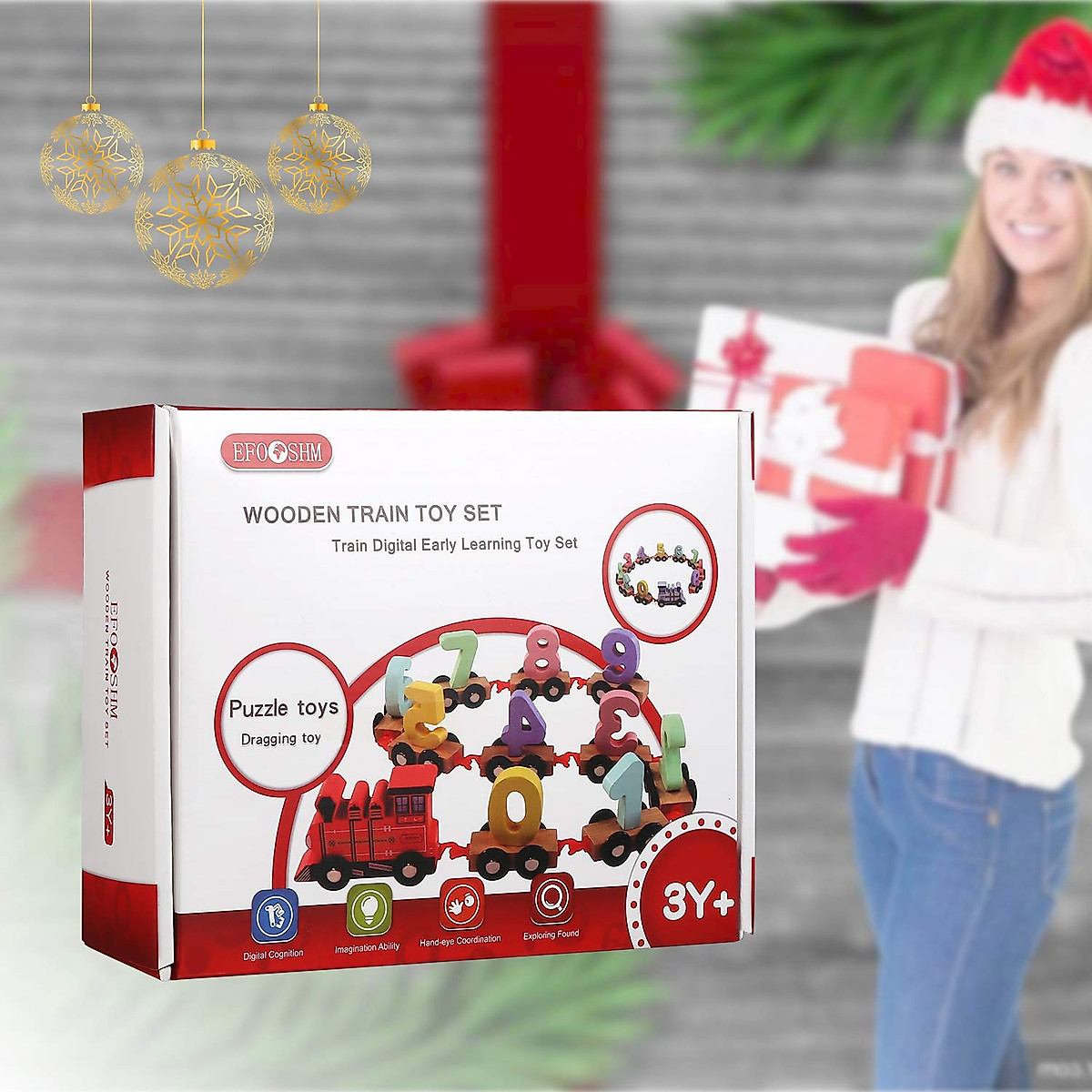 EFOSHM Wooden Train Toy Set 12pcs-Train Cars Digital Toy Set-Toy Train Sets for Kids Toddler Boys and Girls