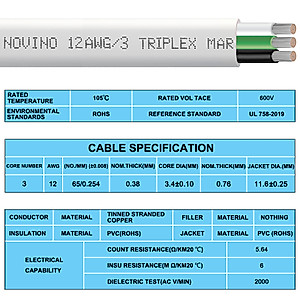 12 Gauge Marine Wire 12/3 12AWG Marine Grade Wire Triplex Tinned Copper Boat Cable,12 Gauge OFC Oxygen Free Copper Cable for Automotive RV Boat Speaker Solar Outdoor - 50ft