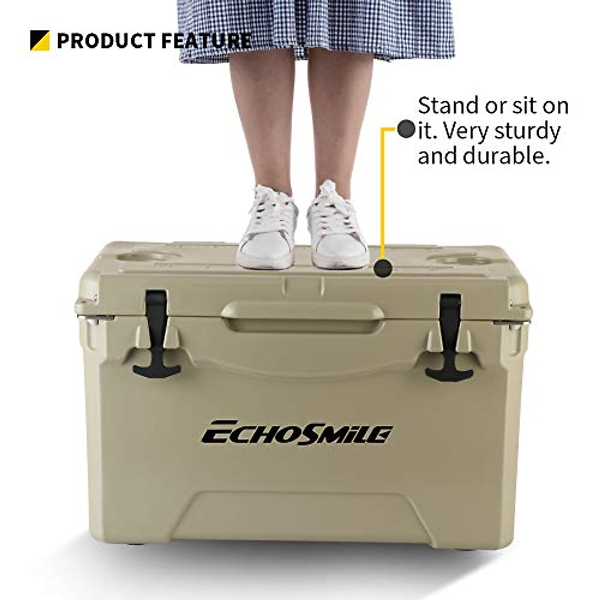 EchoSmile 35 Quart Rotomolded Cooler, 5 Days Protale Ice Cooler, Tan Ice Chest with Built-in Bottle Openers, Cup Holders, and Fish Ruler, Suit for BBQ, Camping, Pincnic, and Other Outdoor Activities