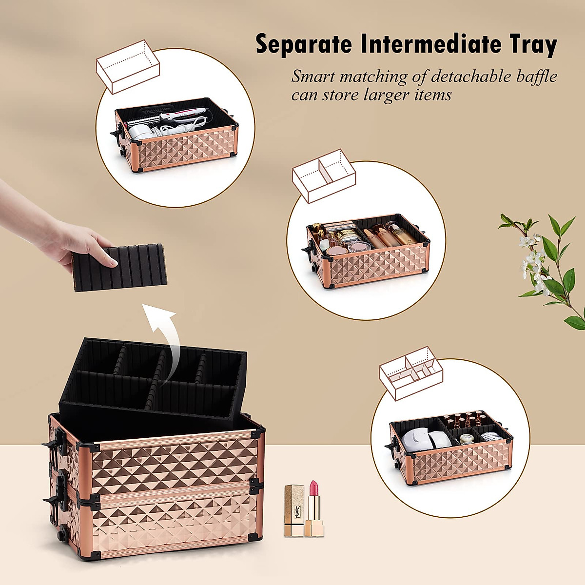 Adazzo 4 in 1 Rolling Makeup Case Cosmetic Train Case Trolley Roll Travel Box for Makeup Artist, Hairstylists, Nail Tech Makeup Cart with Key Swivel Wheels Barber Case Traveling Trunk Rose Gold