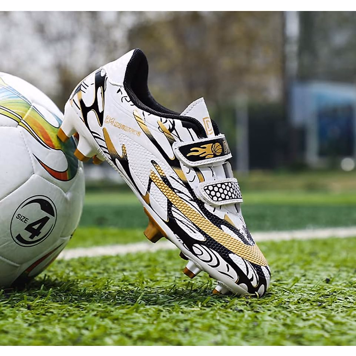 Fenlogft Kids Soccer Cleats Boys Girls Turf/FG/AG Athletic Football Shoes with Tape and Multiple Stud Types, Low-Top Leather Upper Sneakers (Gold Spike,1,Little Kid,Little_Kid)