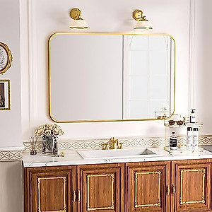Antok Rounded Bathroom Mirror, 20" x 28" Rectangular Wall Mirror, Aluminum Alloy Frame Contemporary Hanging Mirror for Living Room Bedroom Bathroom Entryway, Gold