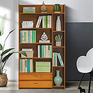 MoNiBloom 5 Tier Bookcase with 2 Drawers, Bamboo Large Multifunctional Shelf Storage Organizer Book Display Shelves for Home Living Room Office, Brown