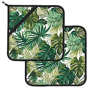 Pot Holders Set of 2, Tropical Green Palm Leaves Heat Resistant Kitchen Non Slip Printed Cooking Barbecue Baking Microwave, 8x8 Inches
