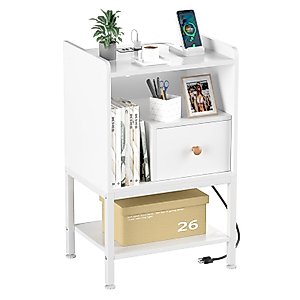Gannyfer Nightstand with Charging Station,Night Stand with USB Ports and Storage Drawer,Modern 3-Tier End Side Table,Small Wood Bedside Table for Bedroom,Living Room,White